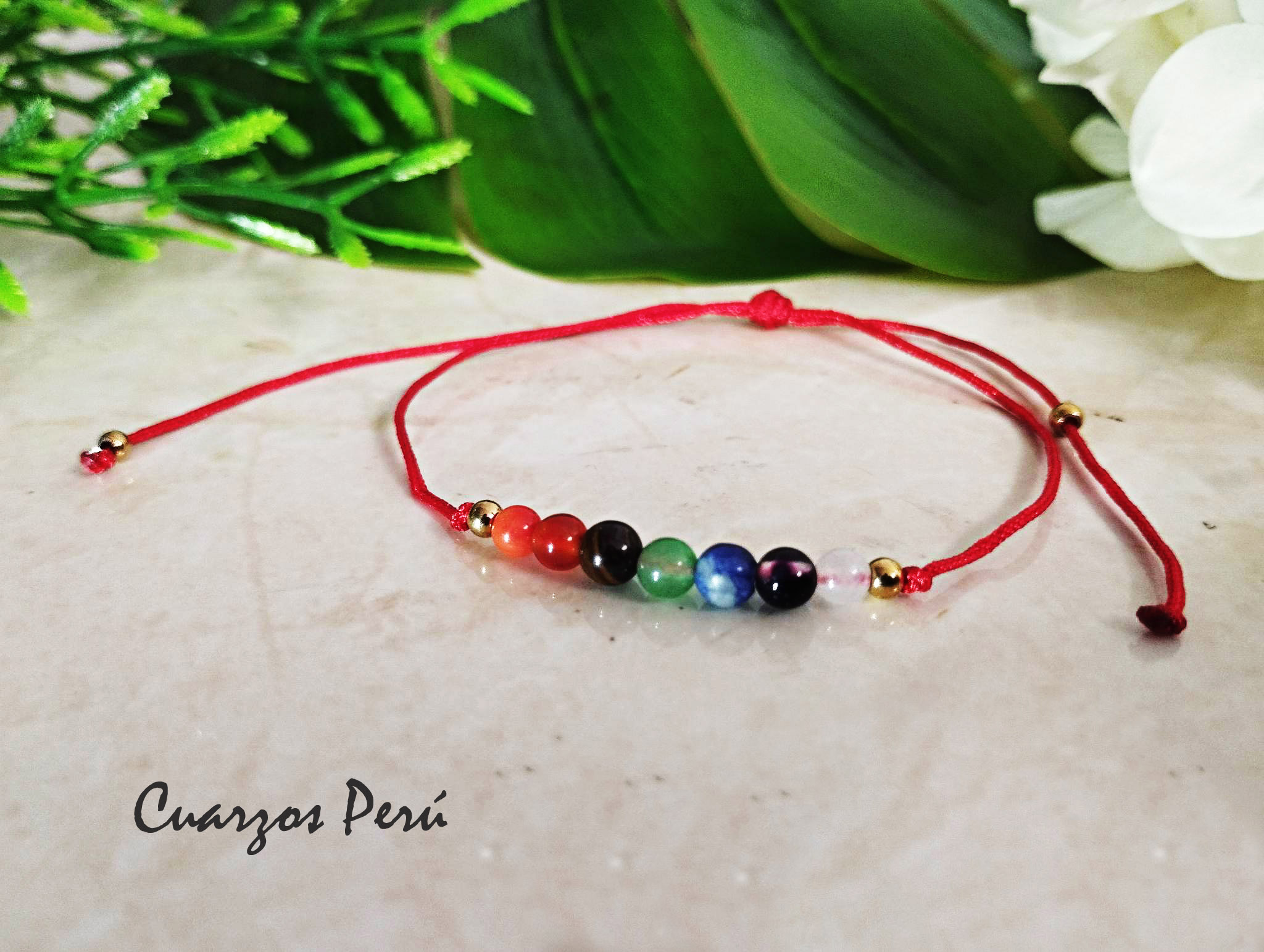 Pulsera 7 chakras Hilo Rojo Cuentas - Cuarzos Perú